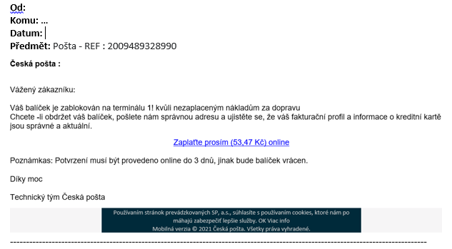 Aktuální podvodné e-maily - Česká pošta